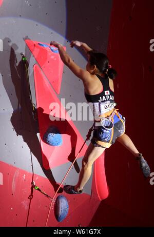 Mei Kotake of Japan competes in the women's final bouldering during the ...