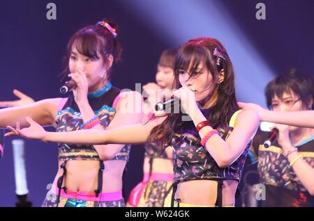 Sayaka Yamamoto, front, and other members of Japanese idol group NMB48 ...