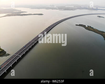 Aerial view of the Houguanhu Bridge, China's longest lake-crossing ...
