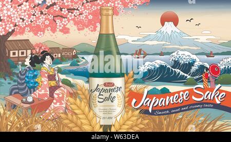 Ukiyo e style Japanese sake ads with people drinking rice wine Stock ...