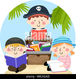 Illustration of Kids Pirate Reading Books in a Pirate Themed Library ...