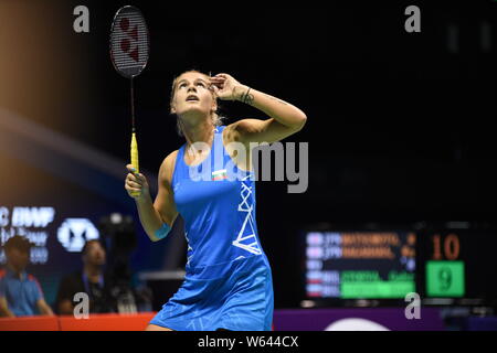 Gabriela Stoeva of Bulgaria returns a shot as she and Stefani Stoeva ...