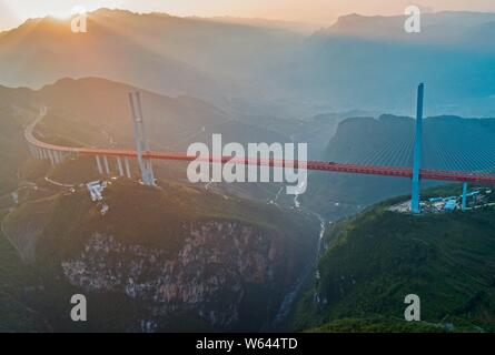 An aerial view of Beipanjiang Bridge or Beipan River Bridge on the Bidu ...