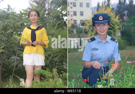 This composite photo shows female Chinese soldier Ding Jie before and ...