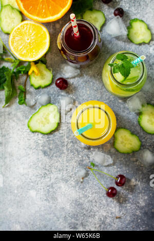 Assorted healthy smoothies. Top view side border banner against a ...