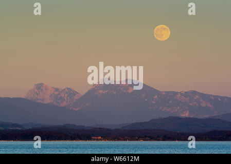 Full moon, moonrise over the Chiemsee, evening, July, Gstadt, Chiemsee ...