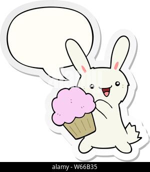 cute cartoon rabbit with muffin with speech bubble distressed ...