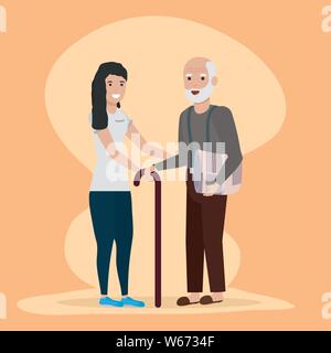 People with disabled family member. Grandpa in wheelchair, people group ...