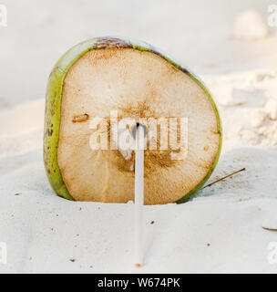 Big fresh coconut with tube inside on sand in sepia Stock Photo - Alamy
