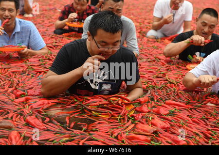 A participant sitting in a big pool filled with chili takes part in an ...
