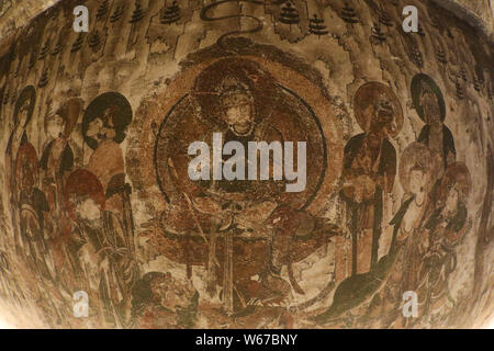 View of the replica of frescoes in the No. 285 grotto of the Mogao Caves during the Dunhuang Art ...