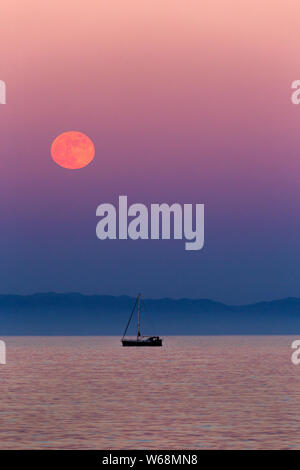 Full blood red moon in a city sky, tv antennas are visible in the ...