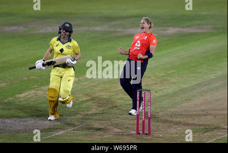 Australia's Georgia Wareham celebrates the wicket of Pakistan's Diana ...