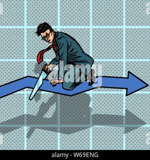businessman sawing curve graph. self-destruction stupidity and ...