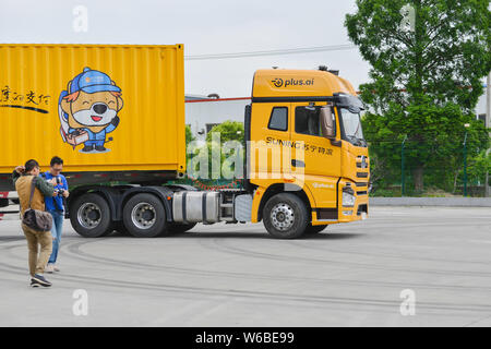 A self-driving heavy truck of Suning Logistics is pictured during the ...