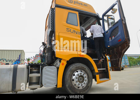 A self-driving heavy truck of Suning Logistics is pictured during the ...