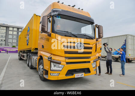 A self-driving heavy truck of Suning Logistics is pictured during the ...