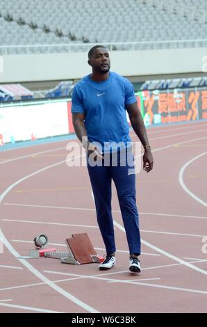 American sprinter Justin Gatlin takes part in a training session for ...