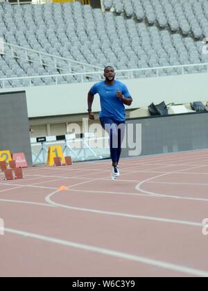 American sprinter Justin Gatlin takes part in a training session for ...
