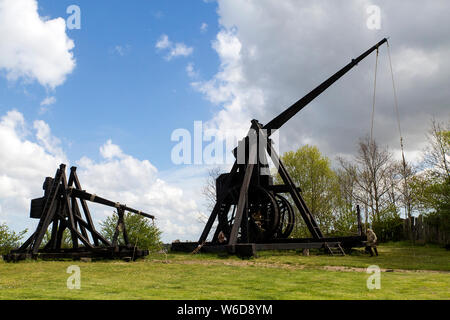 A trebuchet at the outdoor Medieval Centre in Nykøbing Falster, Denmark ...