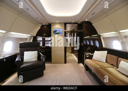 Interior view of the cabin of an Airbus ACJ318 operated by Abu Dhabi's ...
