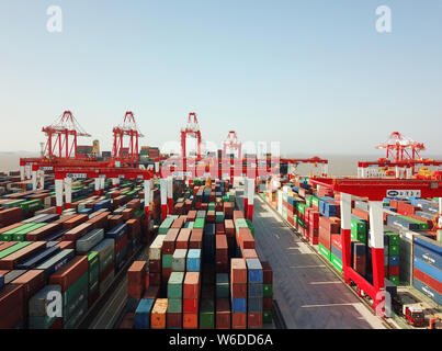 Aerial view of the automated container terminal in Qingdao in east ...