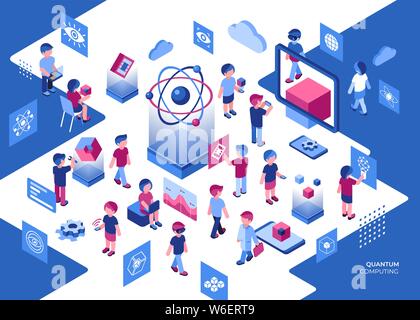 Artificial quantum computing and qubits technology isometric 3d icons infographics with people ...