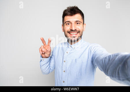 Portrait of satisfied excited person beaming smile hand fingers ...