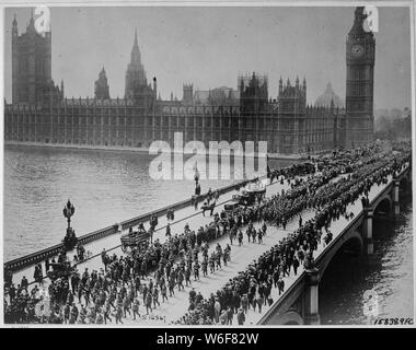 Troops crossing Westminster Bridge, London, at the beginning of the ...