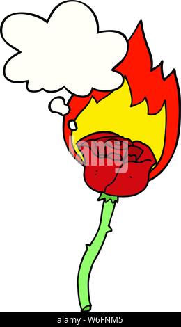 cartoon flaming rose with thought bubble as a distressed worn sticker ...
