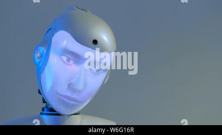 Funny humanoid robot with display face talking with woman Stock Photo ...