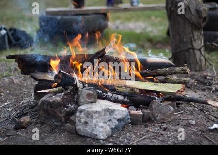 A small campfire made up of twigs and branches with rocks surrounding ...
