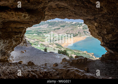 View from Tal-Mixta Cave to Ramla Bay beach on the Island of Gozo ...
