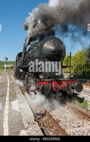 Steam locomotive stops on the tracks, snorting smoke and hot steam ...