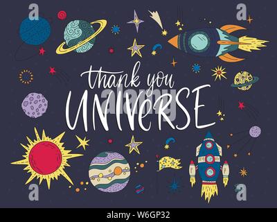 Thank you Universe. Handdrawn vector lettering quote with galaxy ...