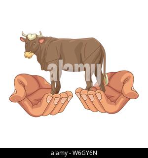 Hands holding sacred cow animal cartoon in black and white Stock Vector ...