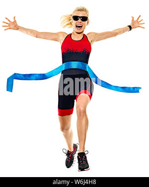 Female runner victorious at the finish line in a track race Stock Photo ...