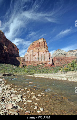 Angels Landing and Virgin River under unusual autumn cloudscape in Zion ...