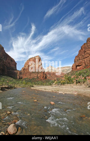 Angels Landing and Virgin River under unusual autumn cloudscape in Zion ...
