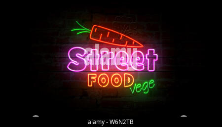 Street food vege neon symbol on brick wall. Light bulbs with vegetarian ...