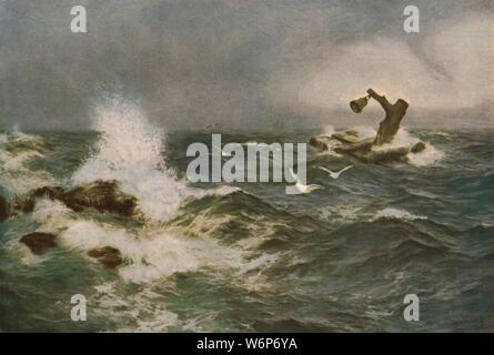 Sailing ship wrecked on rocks. Victorian woodcut engraving dated 1890 ...