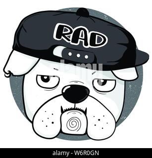face of grumpy bulldog wear baseball cap with RAD text, drawing outline ...
