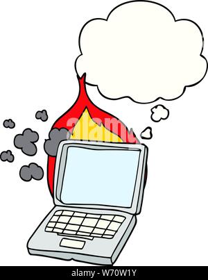 cartoon broken laptop computer with thought bubble in smooth gradient ...