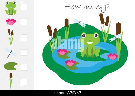 How many counting game, pond with frog for kids, educational maths task ...