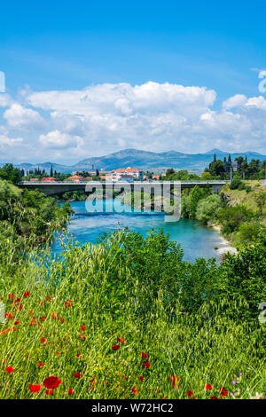 Podgorica city at Moraca riverside in autumn day. Landscape with ...