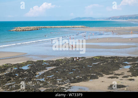 Holiday,makers,Low tide,Borth Beach,at,seaside,resort,village,town,at ...
