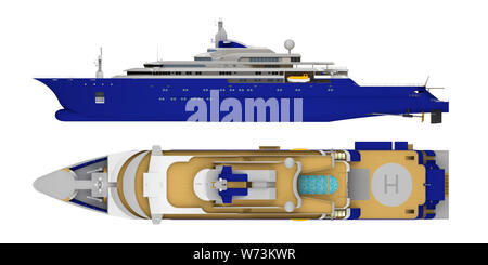 A top view of a 3D rendering of a yacht isolated on a grey background ...