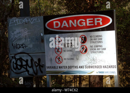Danger Variable Water Depths and Submerged Hazards sign, Clarrie Hall ...