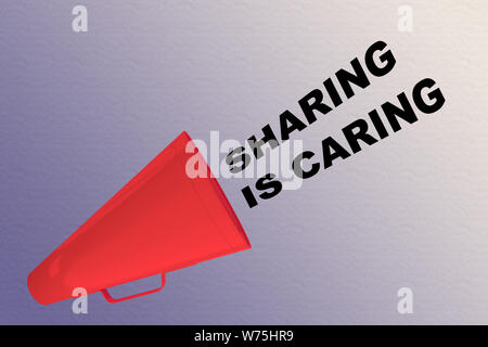 3D illustration of SHARING IS CARING title on red heart, isolated on ...