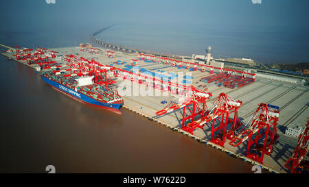 An aerial view of containers at the fourth phase of the Yangshan Deep ...
